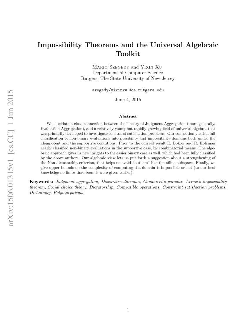 Impossibility Theorems and the Universal Algebraic Toolkit | DeepAI