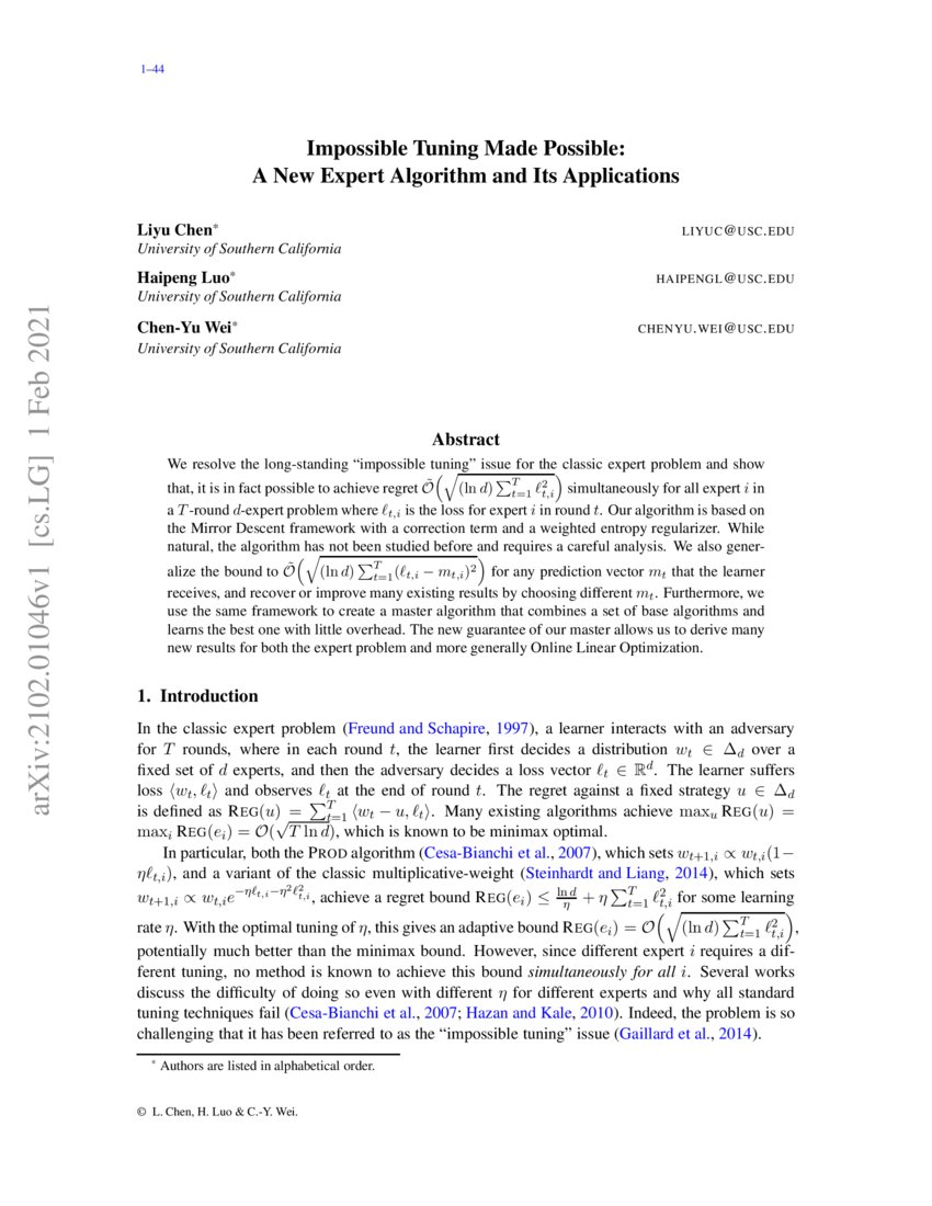 Impossible Tuning Made Possible: A New Expert Algorithm and Its Applications | DeepAI