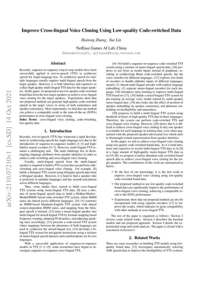 Improve Cross-lingual Voice Cloning Using Low-quality Code-switched Data | DeepAI