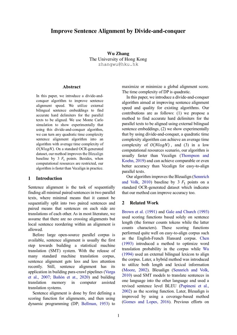 Improve Sentence Alignment by Divide-and-conquer | DeepAI