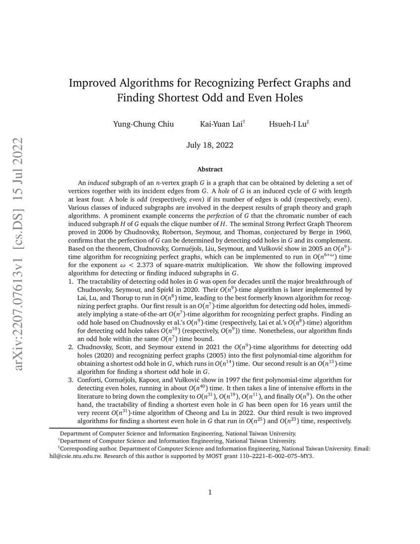 Improved Algorithms For Recognizing Perfect Graphs And Finding Shortest Odd And Even Holes Deepai