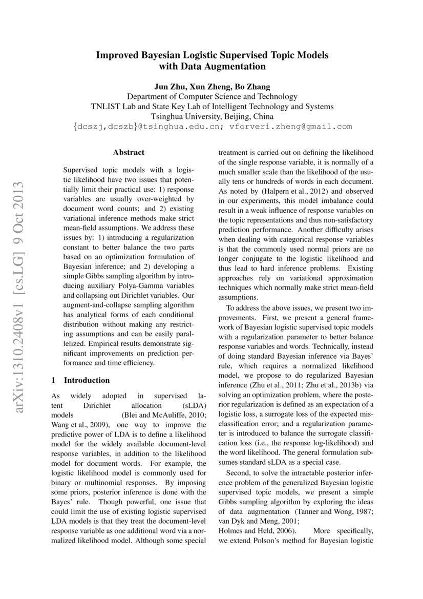 Improved Bayesian Logistic Supervised Topic Models With Data Augmentation Deepai