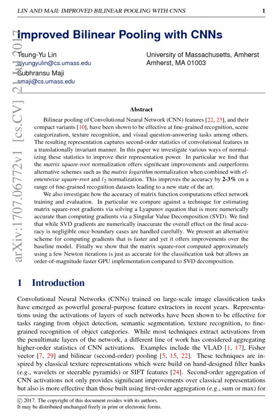 Improved Bilinear Pooling with CNNs | DeepAI