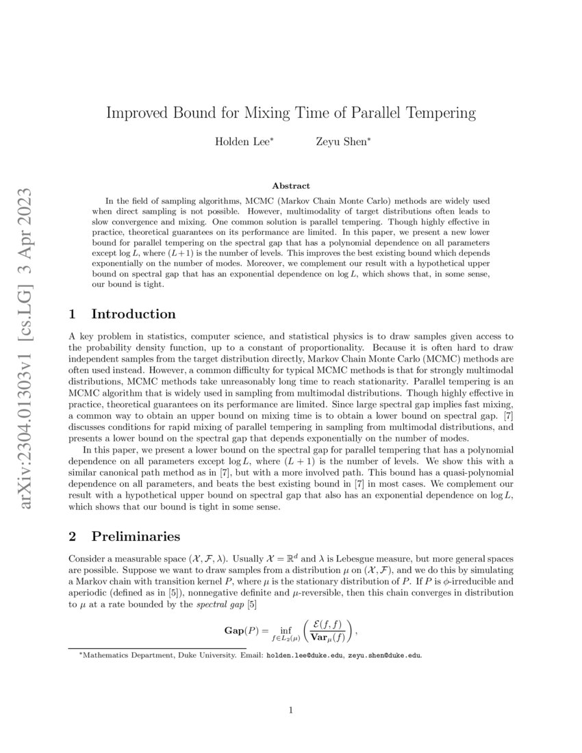Improved Bound for Mixing Time of Parallel Tempering | DeepAI