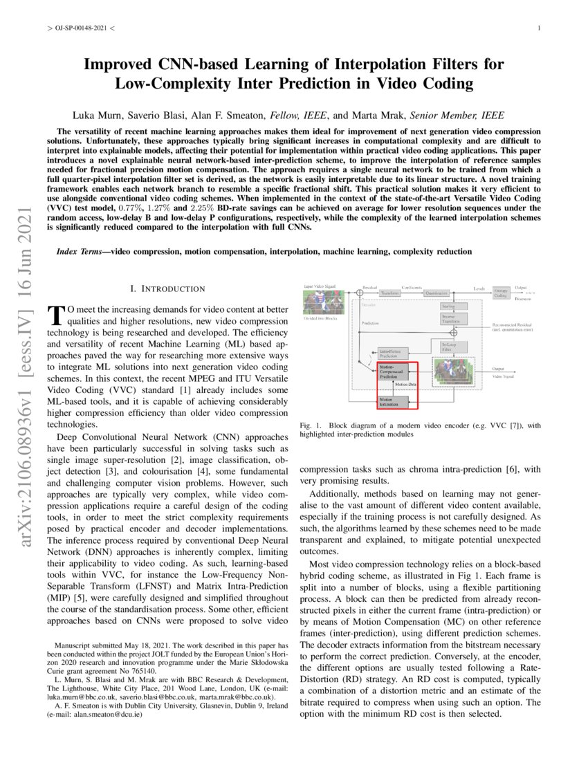 Improved Cnn Based Learning Of Interpolation Filters For Low Complexity Inter Prediction In 1603