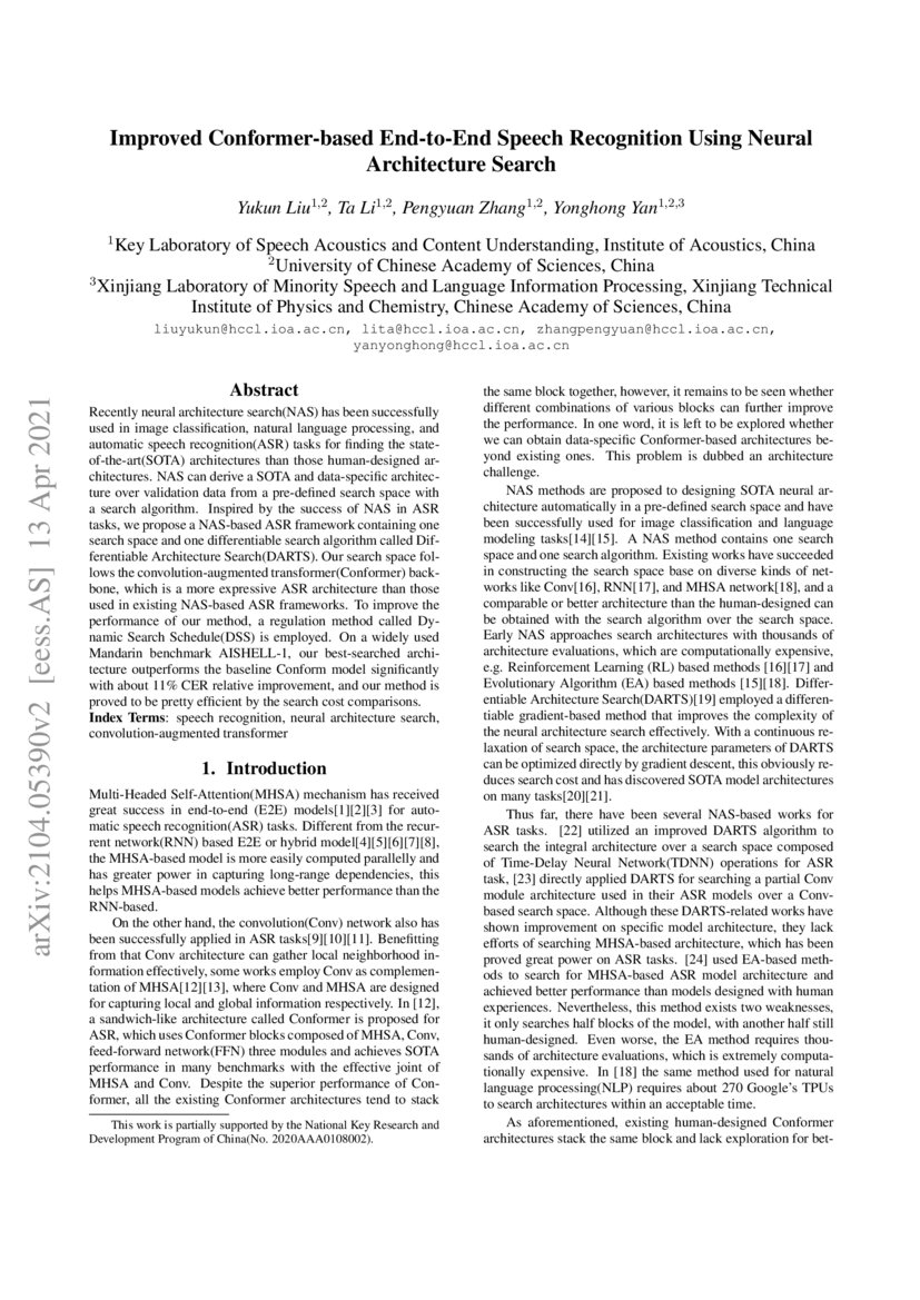 Improved Conformer-based End-to-End Speech Recognition Using Neural Architecture Search | DeepAI