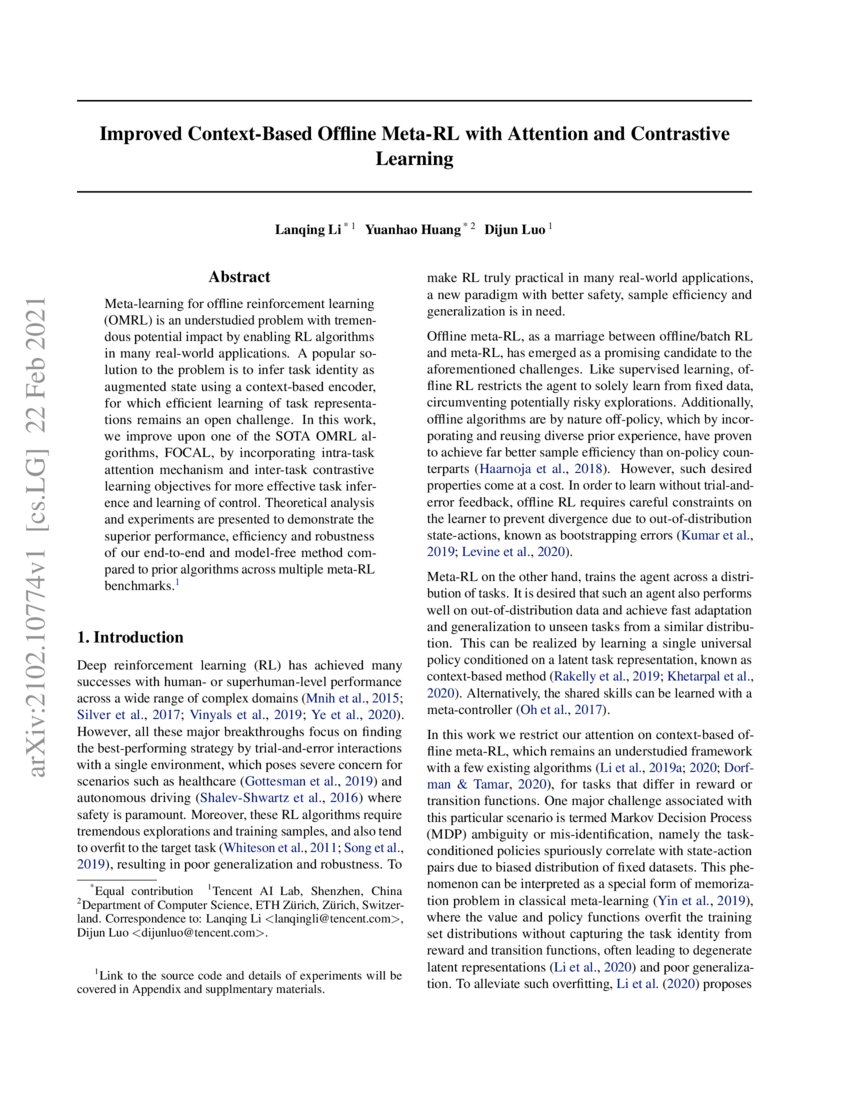 Improved Context-Based Offline Meta-RL with Attention and Contrastive Learning | DeepAI