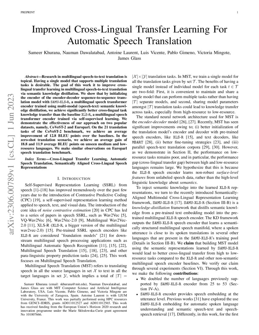 Improved Cross-Lingual Transfer Learning For Automatic Speech Translation | DeepAI