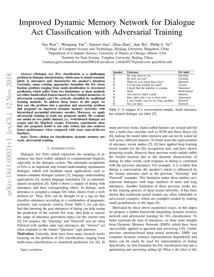 Improved Dynamic Memory Network For Dialogue Act Classification With Adversarial Training Deepai