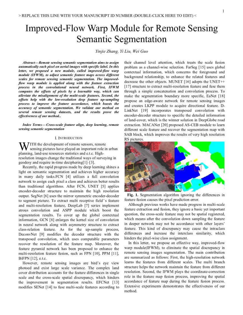 Improved-Flow Warp Module for Remote Sensing Semantic Segmentation | DeepAI