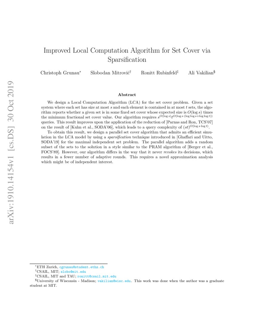 Improved Local Computation Algorithm for Set Cover via Sparsification ...