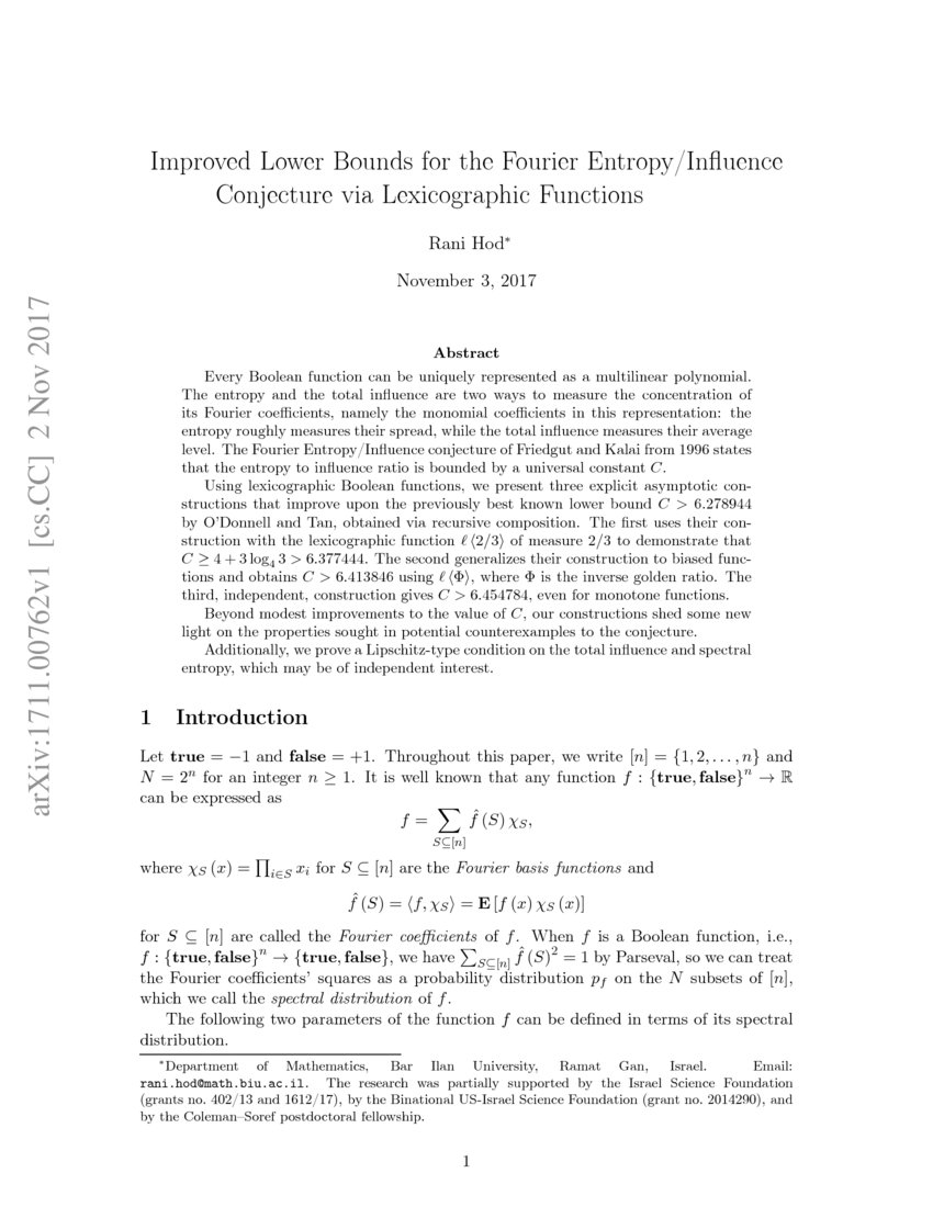 Improved Lower Bounds for the Fourier Entropy/Influence Conjecture via Lexicographic Functions ...