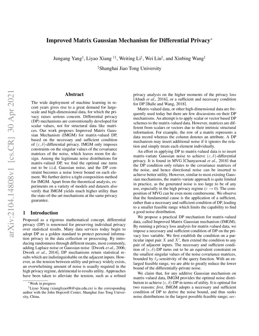Improved Matrix Gaussian Mechanism for Differential Privacy | DeepAI