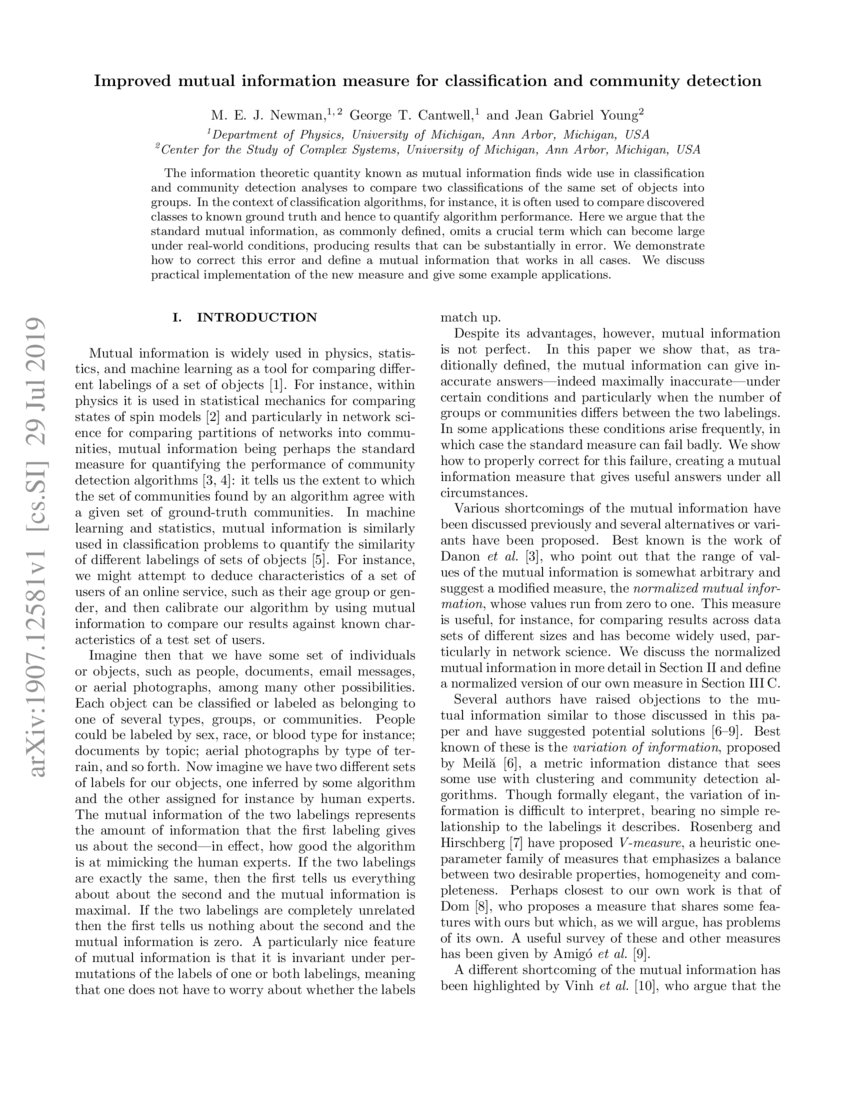 Improved Mutual Information Measure For Classification And Community Detection Deepai