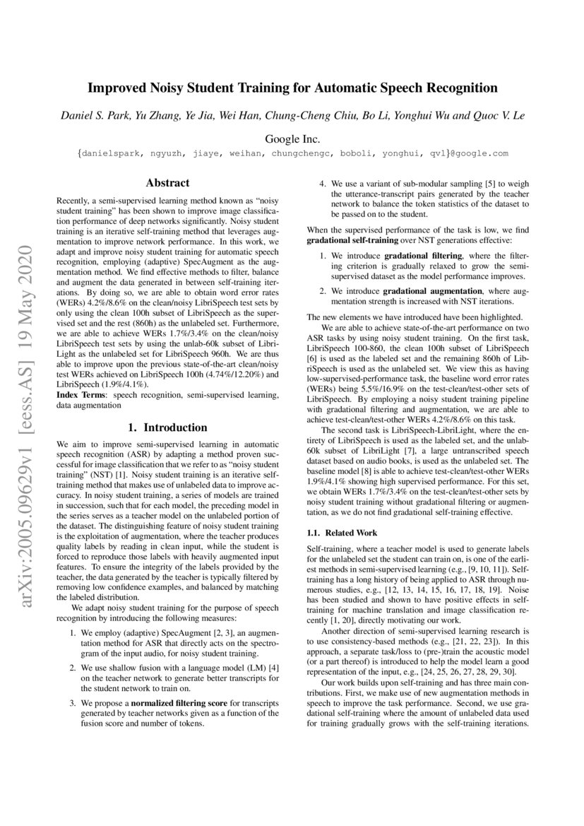 Improved Noisy Student Training for Automatic Speech Recognition | DeepAI