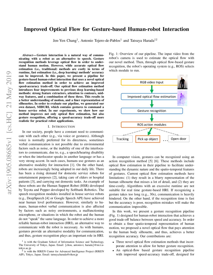 Improved Optical Flow For Gesture Based Human Robot Interaction Deepai