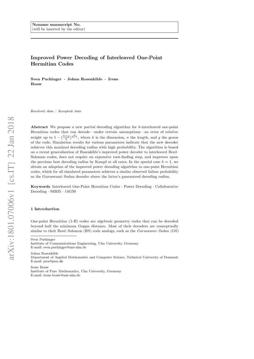 Improved Power Decoding Of Interleaved One Point Hermitian Codes Deepai