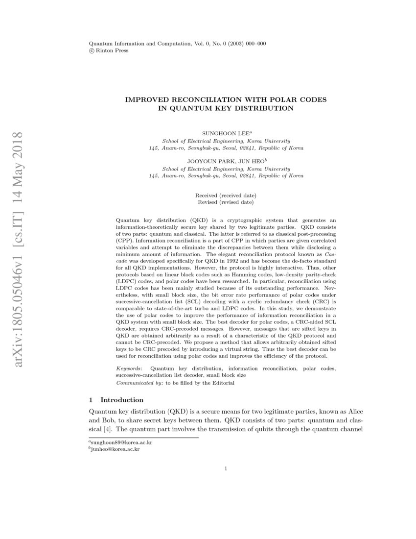 Improved Reconciliation With Polar Codes In Quantum Key Distribution ...