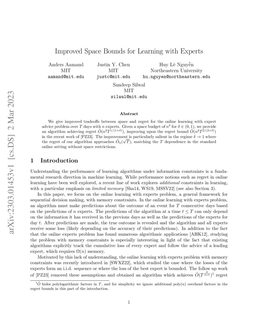 Improved Space Bounds for Learning with Experts | DeepAI
