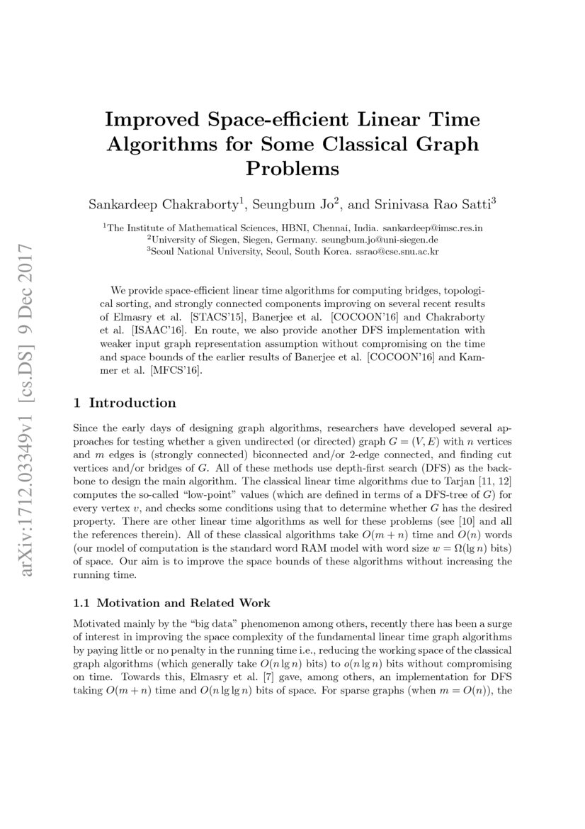 Improved Space Efficient Linear Time Algorithms For Some Classical Graph Problems Deepai 