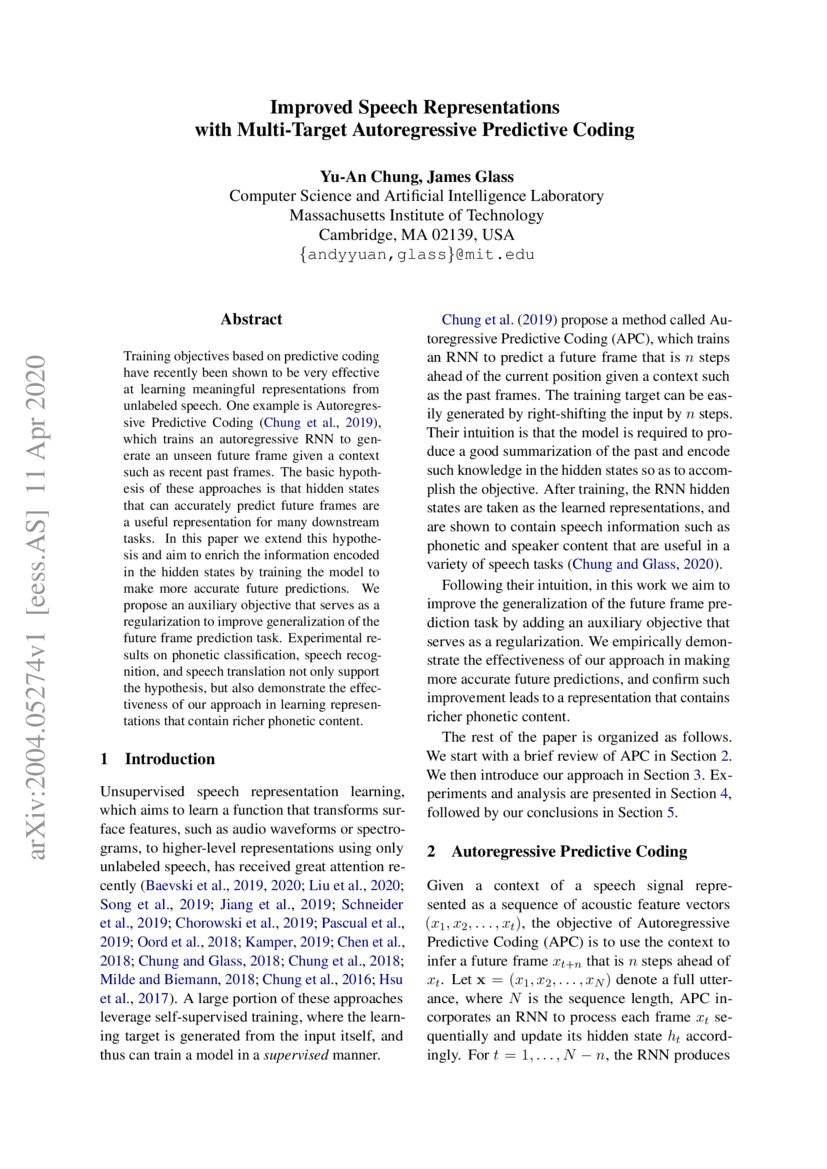 Improved Speech Representations With Multi Target Autoregressive Predictive Coding Deepai