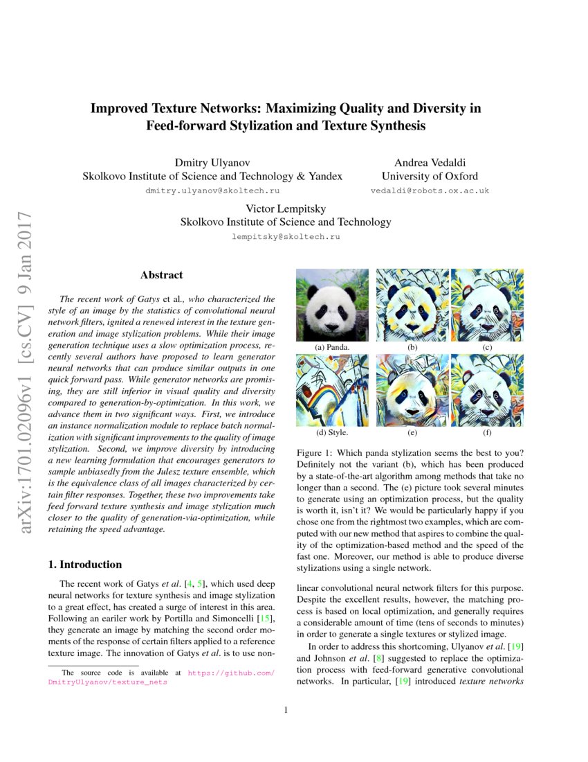 Improved Texture Networks Maximizing Quality And Diversity In Feed Forward Stylization And