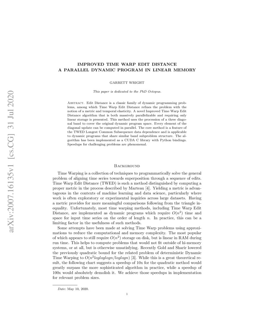 Improved Time Warp Edit Distance – A Parallel Dynamic Program in Linear Memory | DeepAI