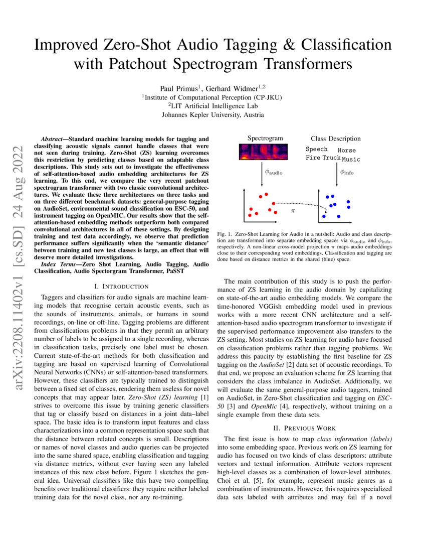 Improved Zero-Shot Audio Tagging Classification with Patchout Spectrogram Transformers | DeepAI