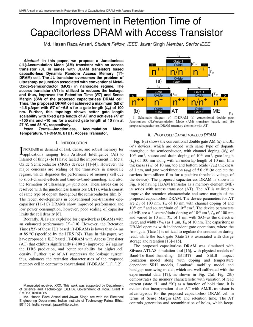 Improvement In Retention Time Of Capacitorless Dram With Access Transistor Deepai