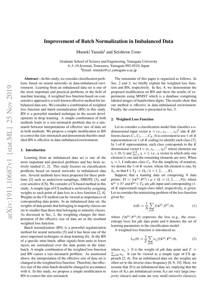 Improvement of Batch Normalization in Imbalanced Data | DeepAI