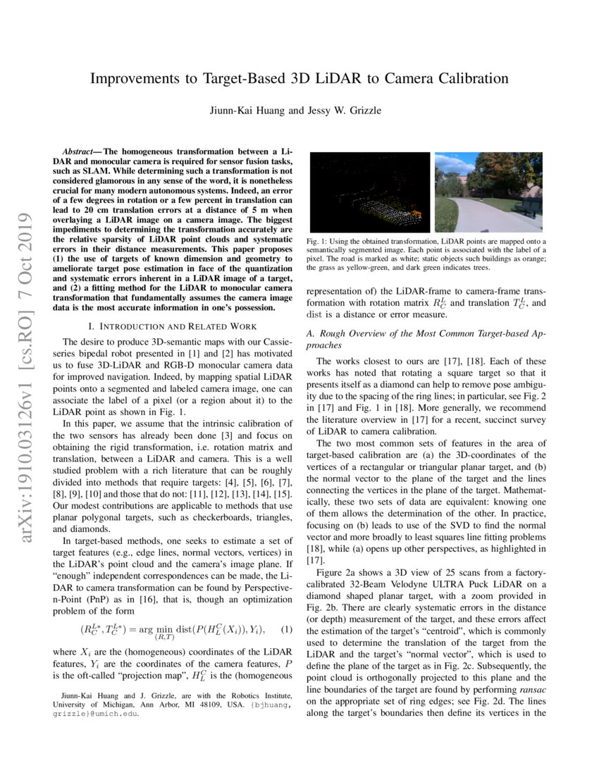 Improvements To Target Based 3d Lidar To Camera Calibration Deepai