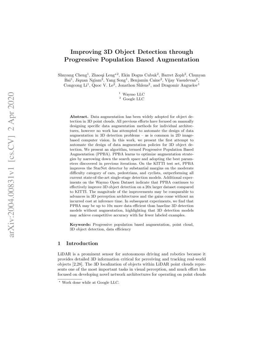 Improving 3d Object Detection Through Progressive Population Based Augmentation Deepai