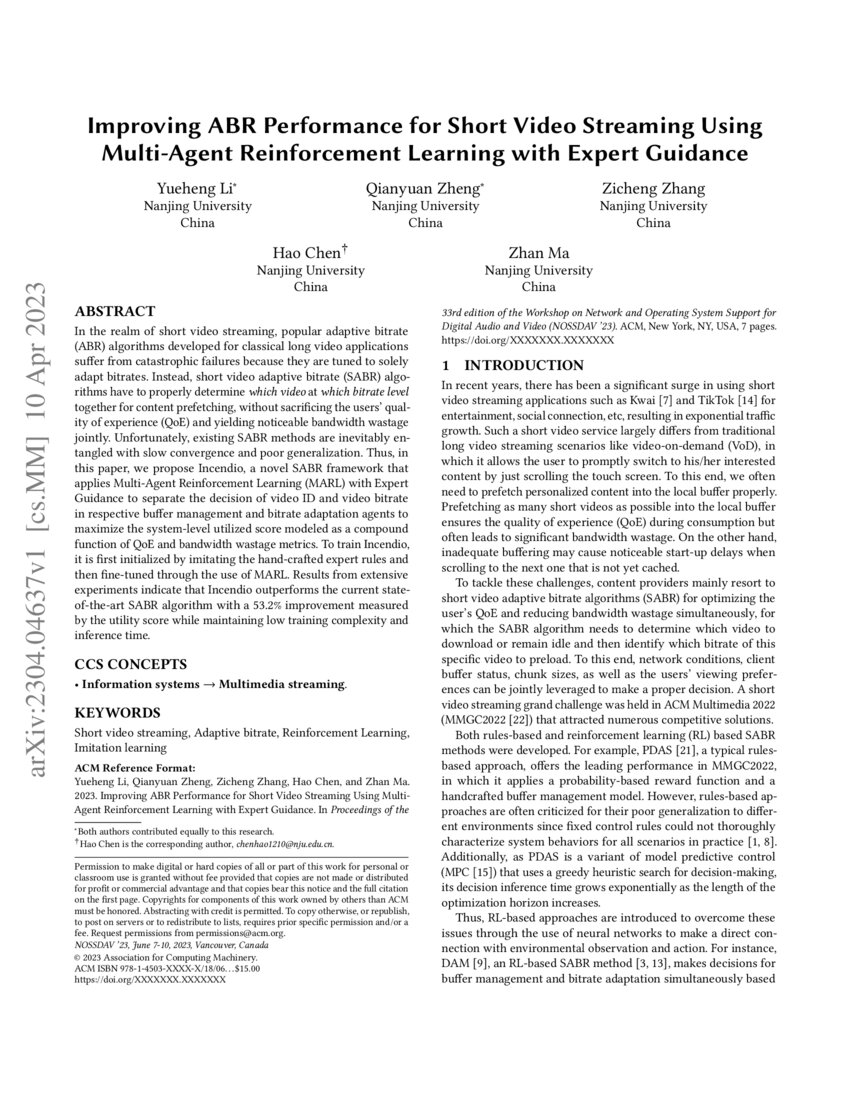 Improving Abr Performance For Short Video Streaming Using Multi Agent