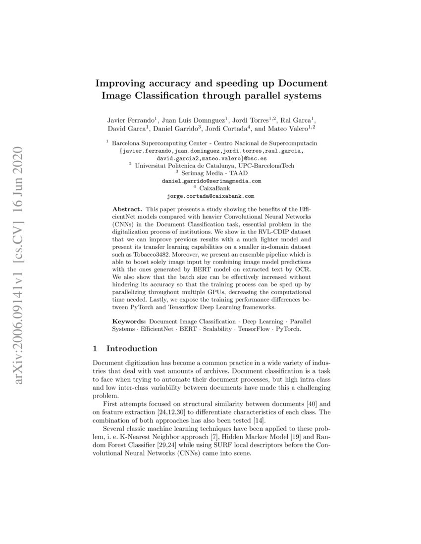 Improving Accuracy And Speeding Up Document Image Classification Through Parallel Systems Deepai