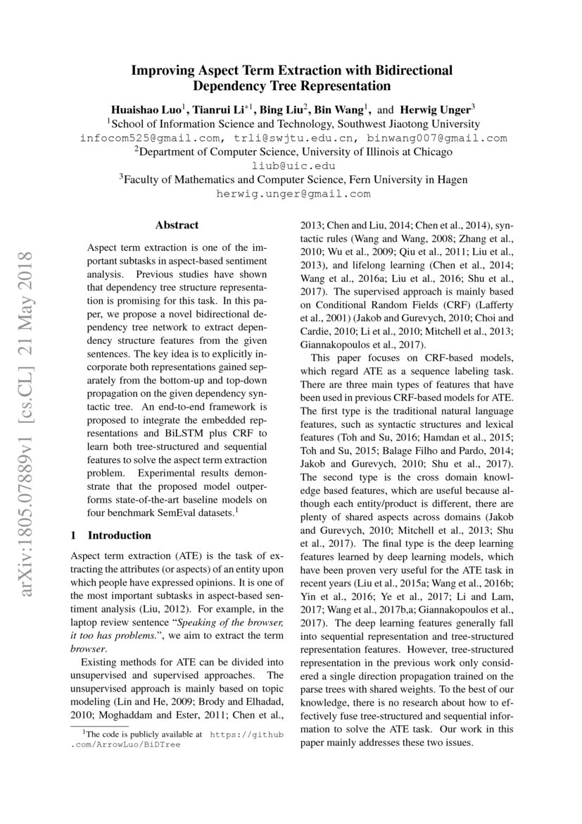 Improving Aspect Term Extraction With Bidirectional Dependency Tree Representation Deepai