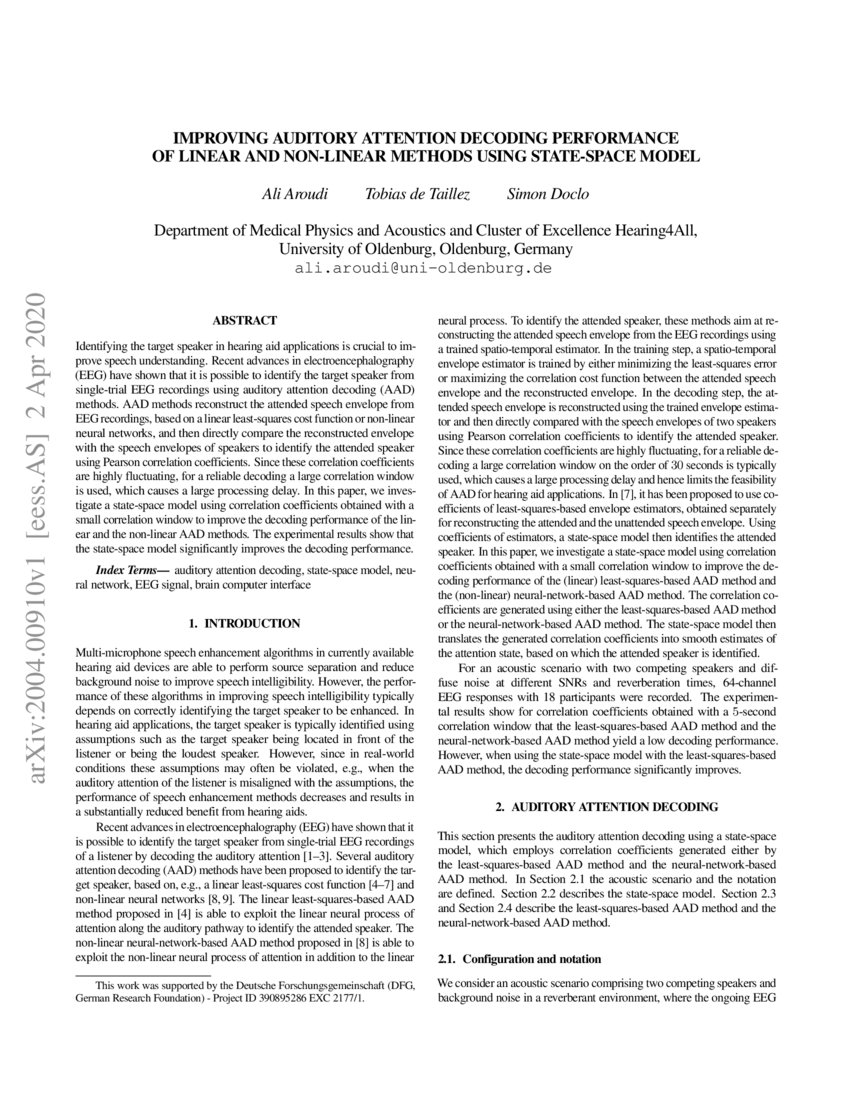 Improving auditory attention decoding performance of linear and non-linear methods using state ...