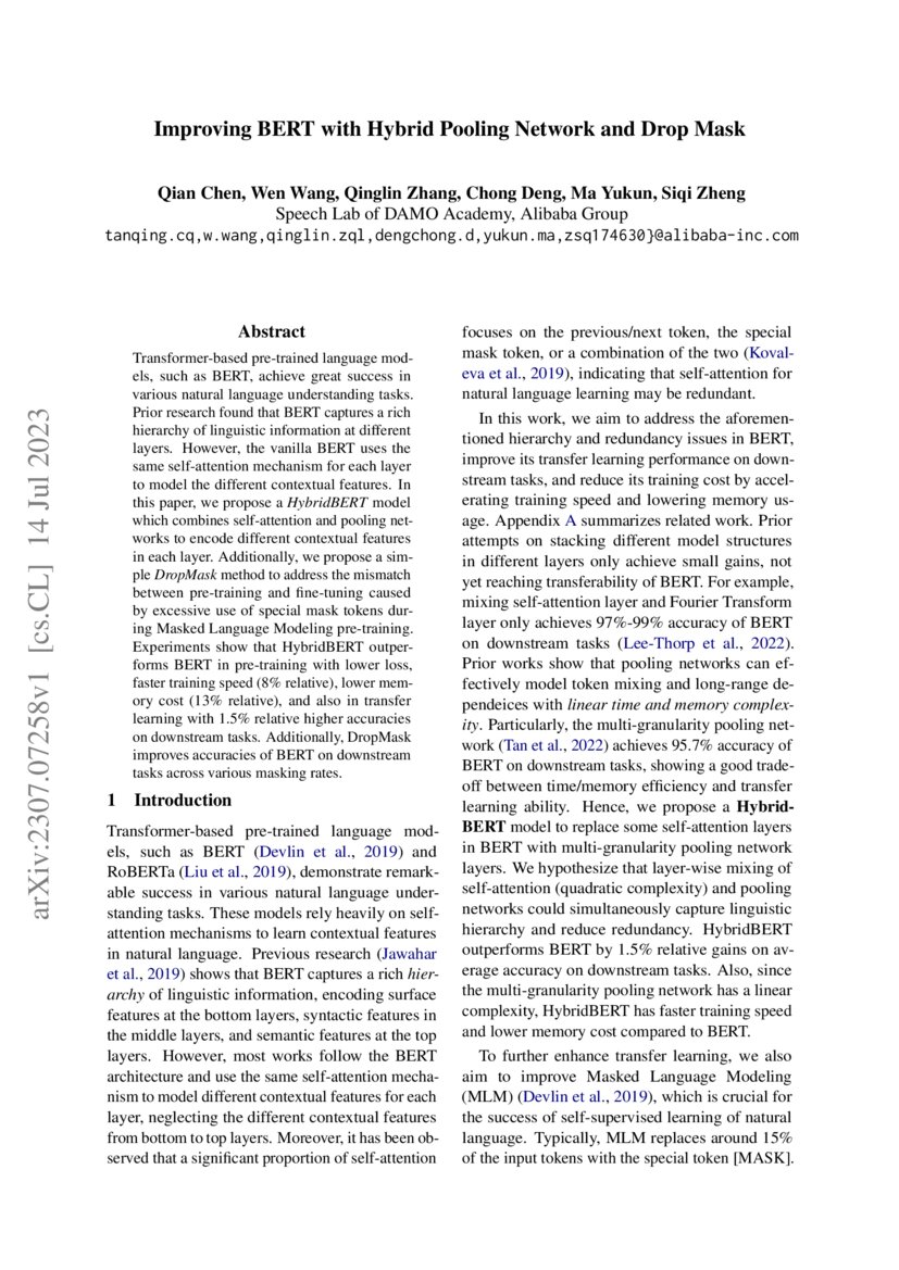 Improving BERT with Hybrid Pooling Network and Drop Mask | DeepAI
