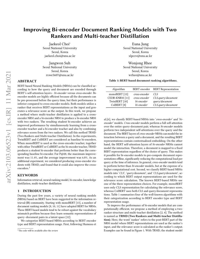 Improving Bi-encoder Document Ranking Models with Two Rankers and Multi ...