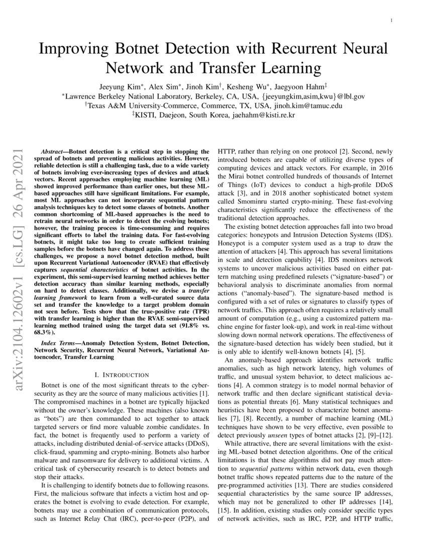 Improving Botnet Detection With Recurrent Neural Network And Transfer Learning Deepai