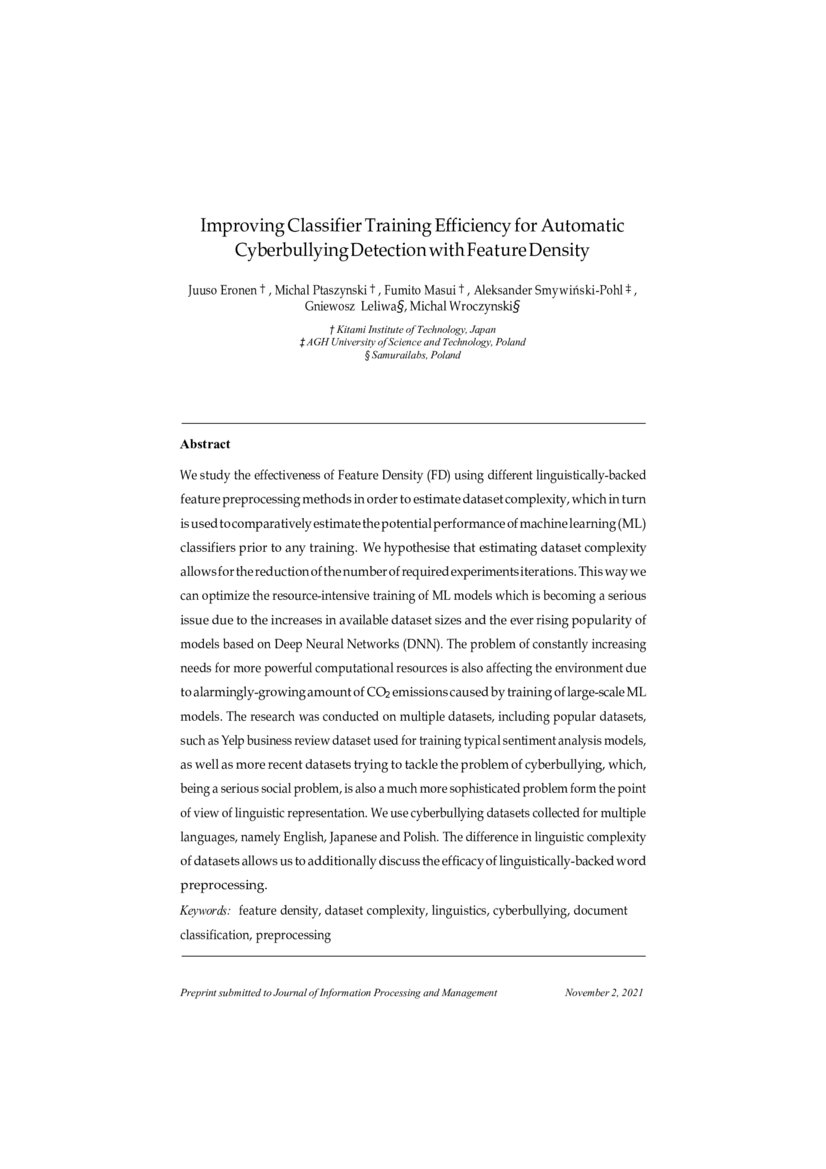 Improving Classifier Training Efficiency for Automatic Cyberbullying Detection with Feature ...