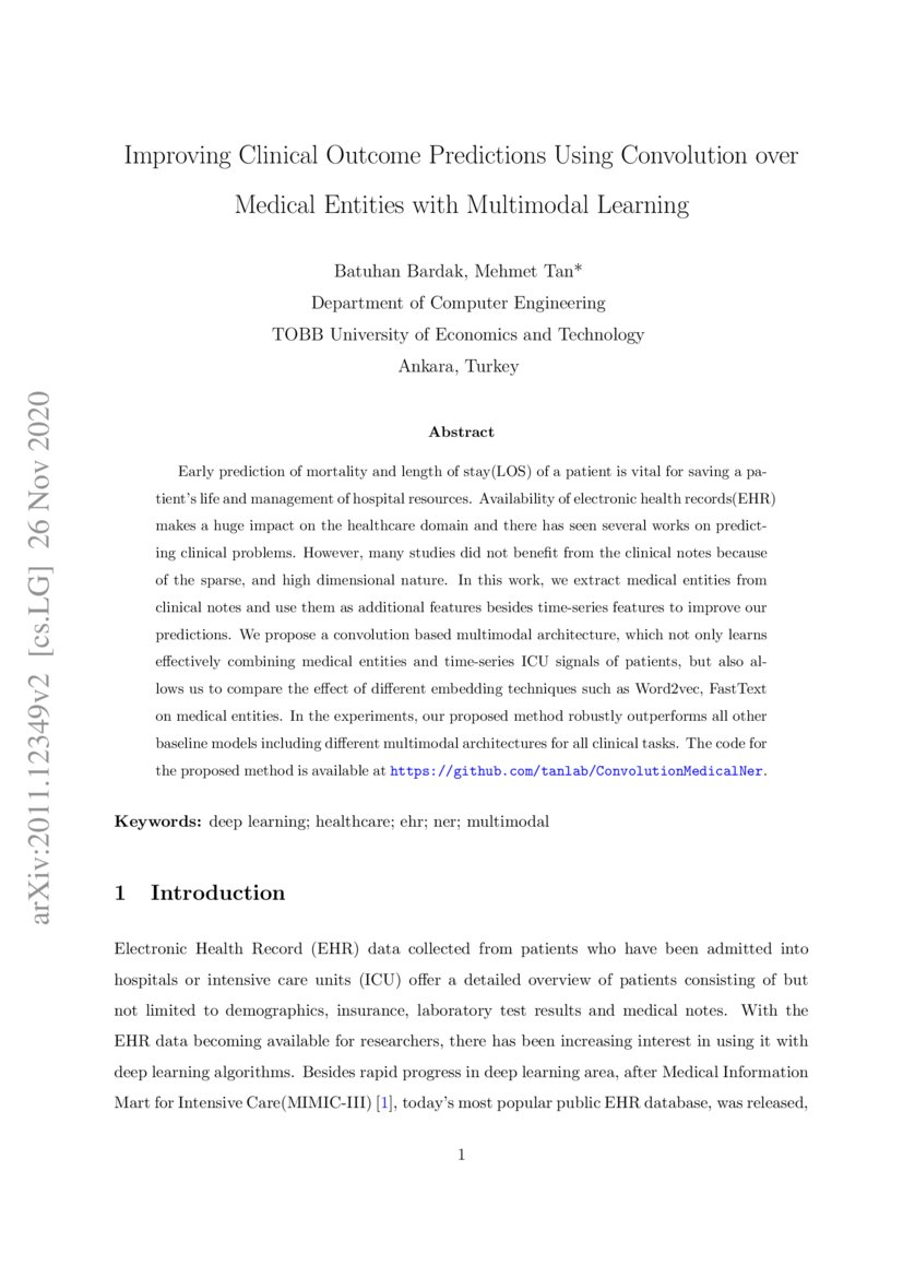 Improving Clinical Outcome Predictions Using Convolution over Medical Entities with Multimodal ...