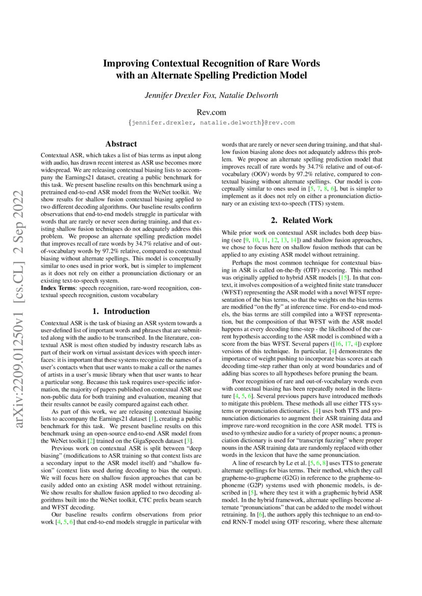 Improving Contextual Recognition Of Rare Words With An Alternate Spelling Prediction Model Deepai