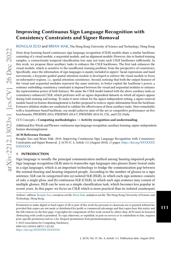 Improving Continuous Sign Language Recognition With Consistency Constraints And Signer Removal