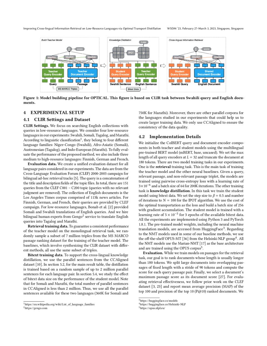 Improving Cross Lingual Information Retrieval On Low Resource Languages Via Optimal Transport