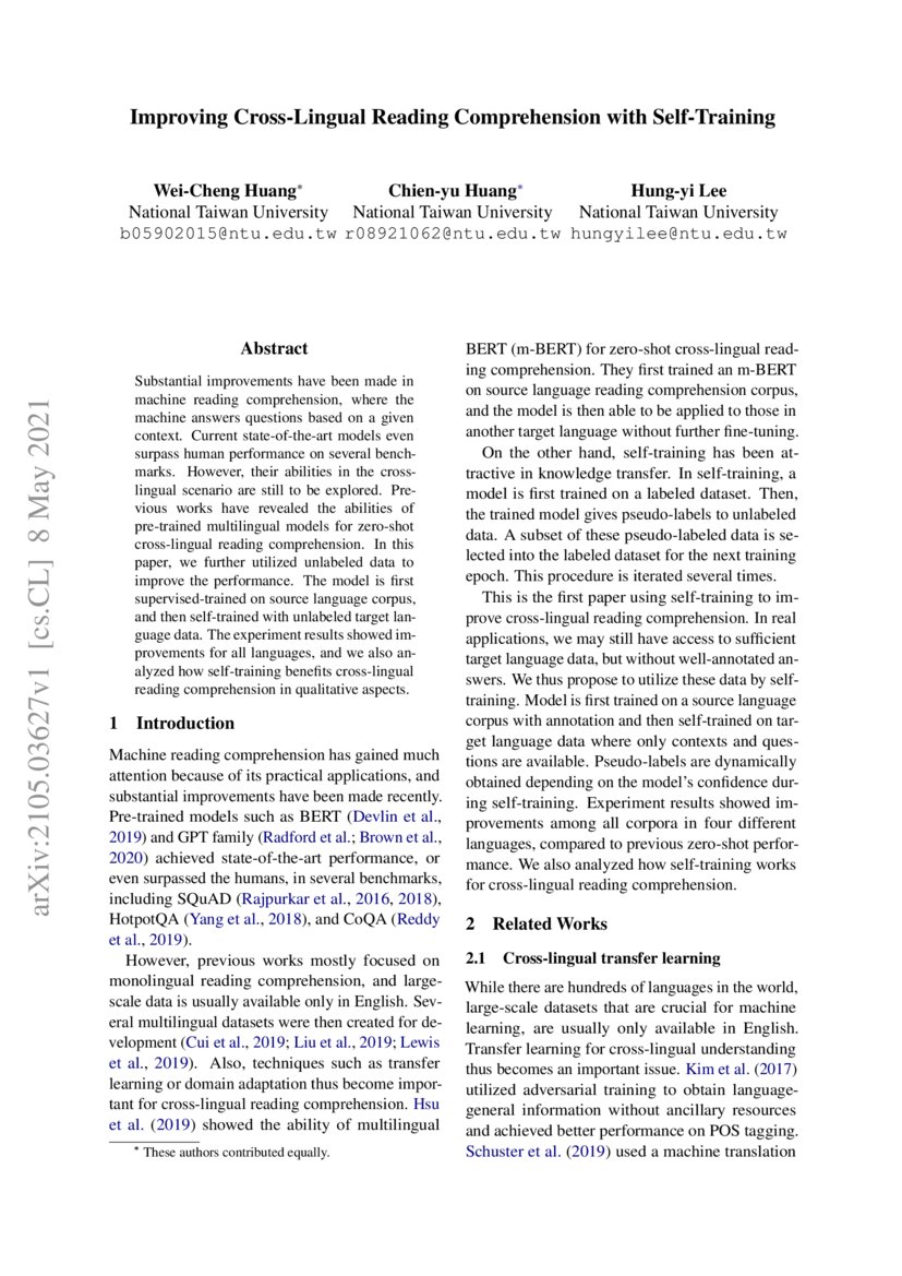 Improving Cross-Lingual Reading Comprehension with Self-Training | DeepAI