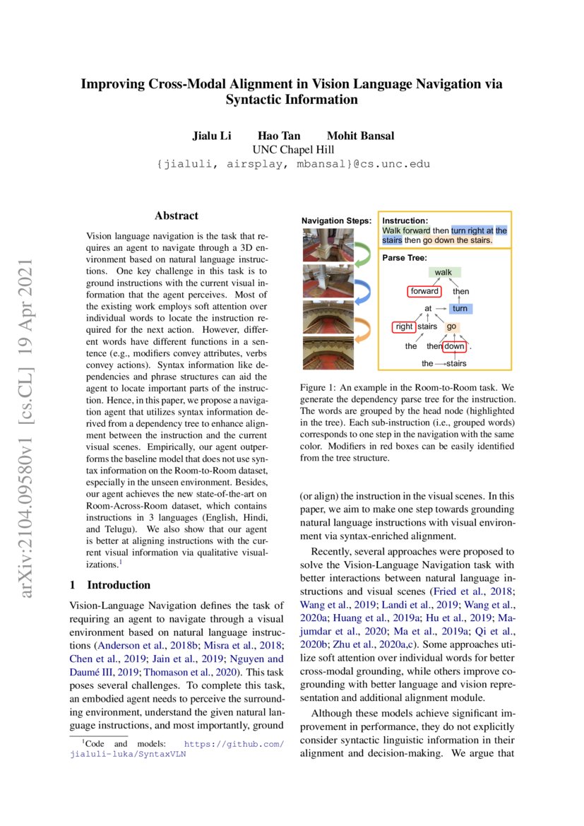 Improving Cross-Modal Alignment in Vision Language Navigation via Syntactic Information | DeepAI
