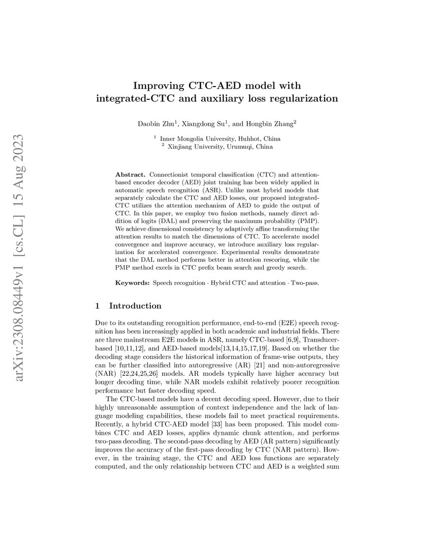 Improving Ctc Aed Model With Integrated Ctc And Auxiliary Loss Regularization Deepai