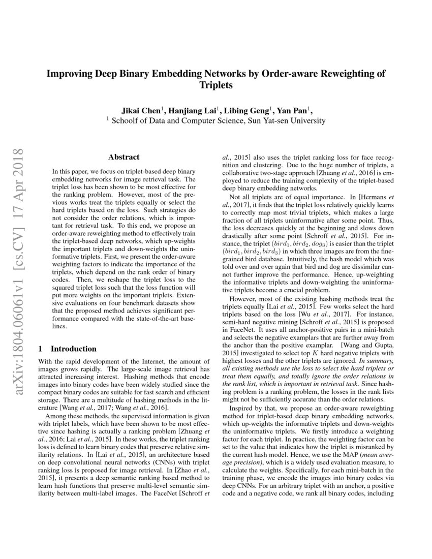Improving Deep Binary Embedding Networks By Order Aware Reweighting Of Triplets Deepai