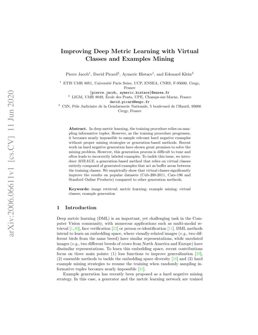 Improving Deep Metric Learning With Virtual Classes And Examples Mining Deepai