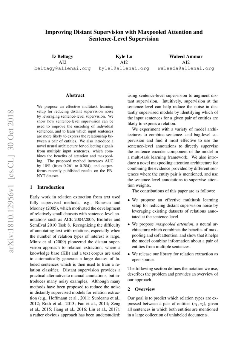 Improving Distant Supervision with Maxpooled Attention and Sentence-Level Supervision | DeepAI